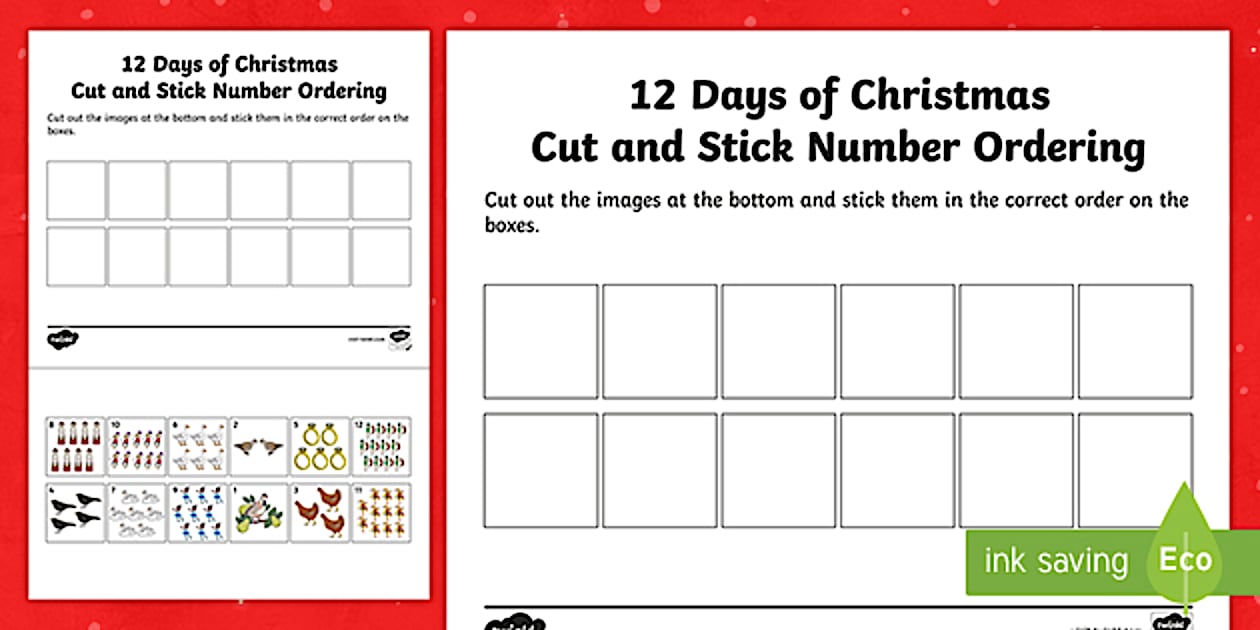 Black and White 12 Days of Christmas Cut and Stick Number Ordering Activity
