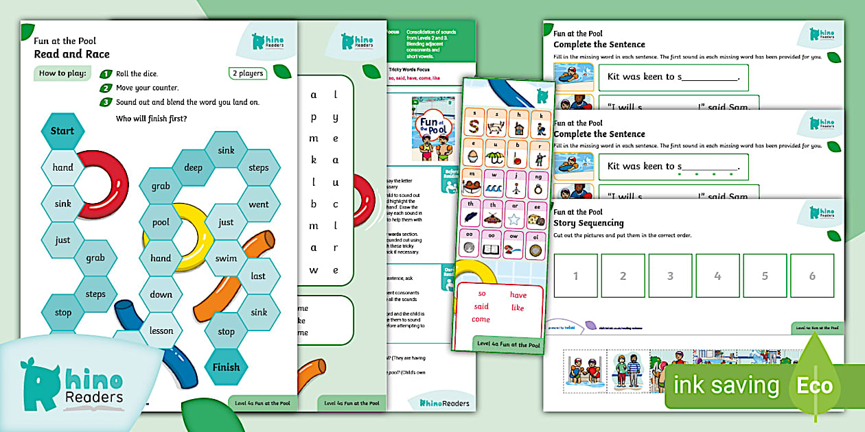 4a Fun at the Pool: Resource Pack - Twinkl Rhino Readers