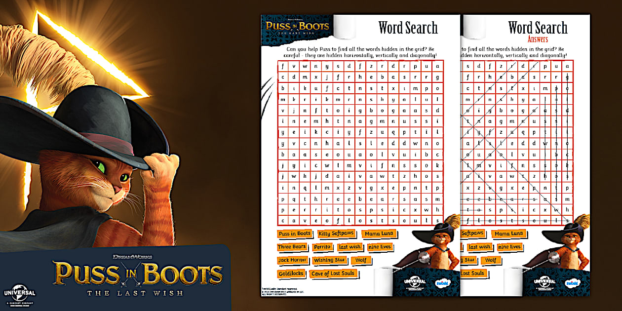 FREE! - Puss in Boots: Word Search [Ages 7-11] - Twinkl