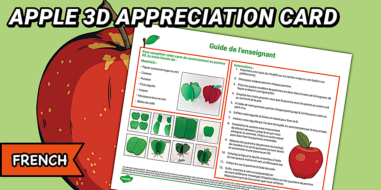 Apple 3D Appreciation Card French (teacher made) - Twinkl