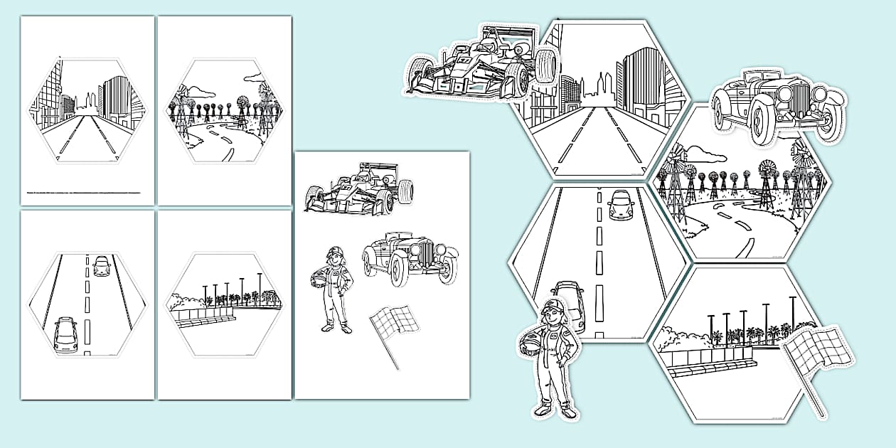 Racing Cars Hexagon Display Colouring Activity - Twinkl