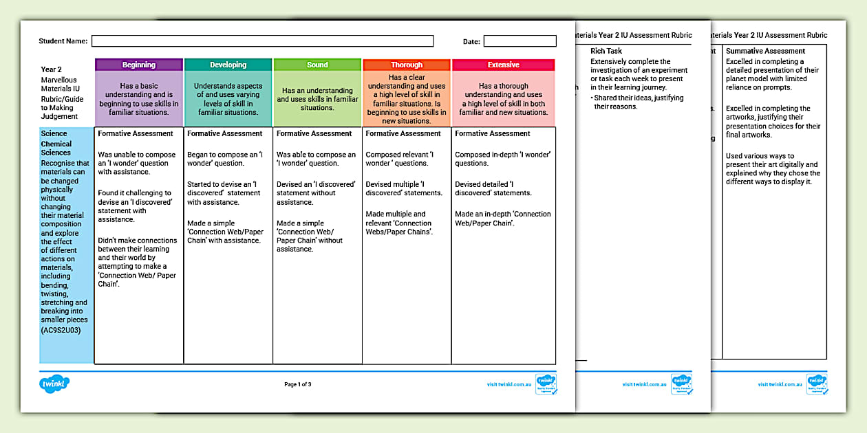 Marvellous Materials Yr 2 IU Assessment Rubric
