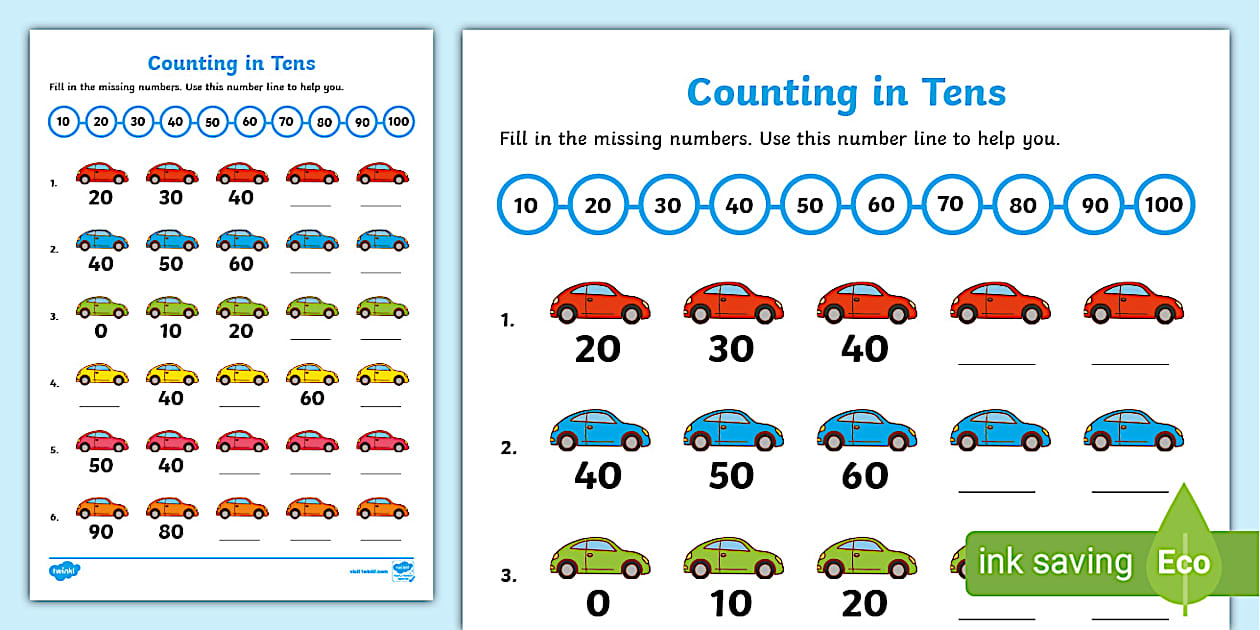 👉 Car-Themed Counting in 10s Worksheet - Twinkl