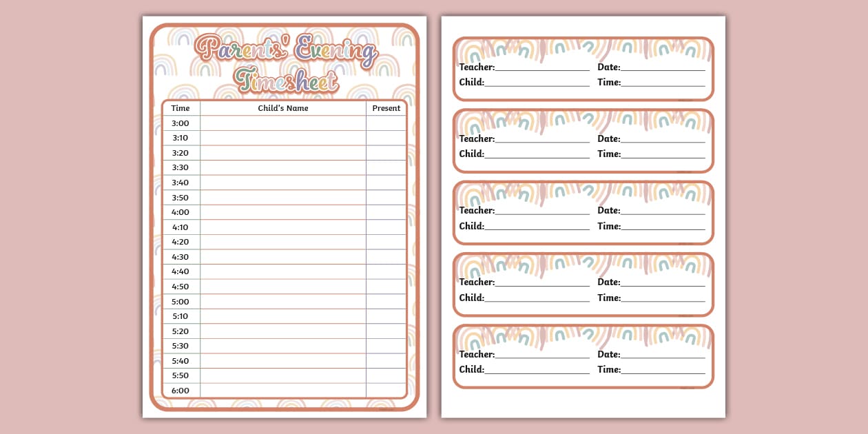 Muted Rainbow Themed Parents Evening Appointment Slips and List