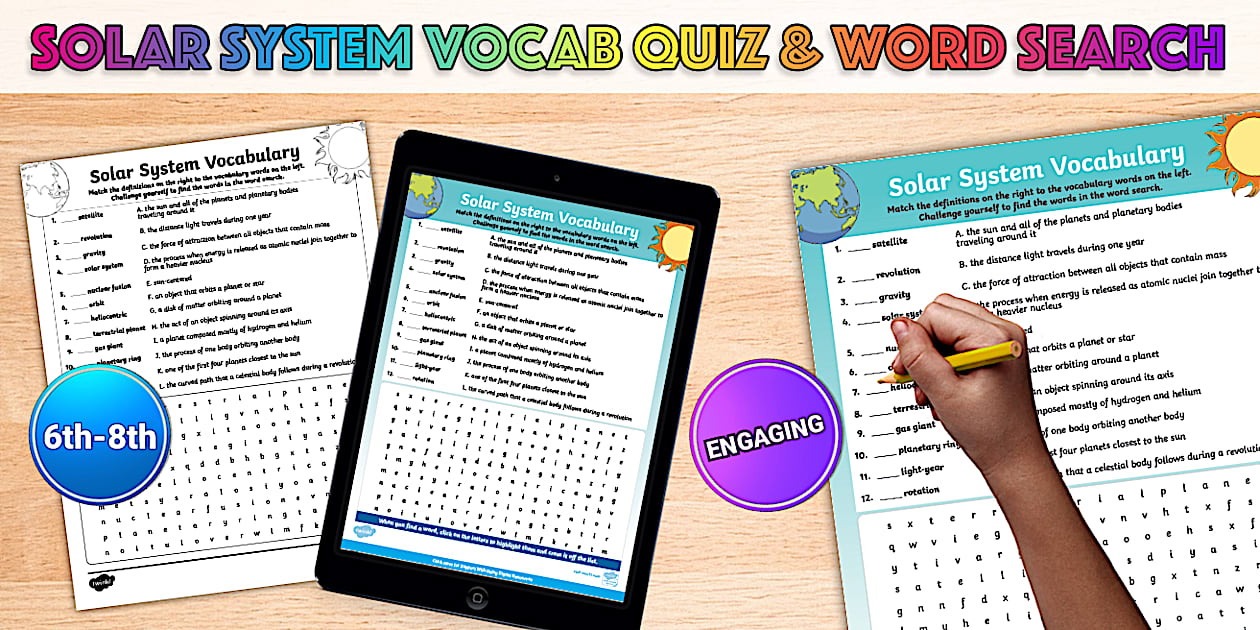 Solar System Vocabulary Matching Quiz and Word Search