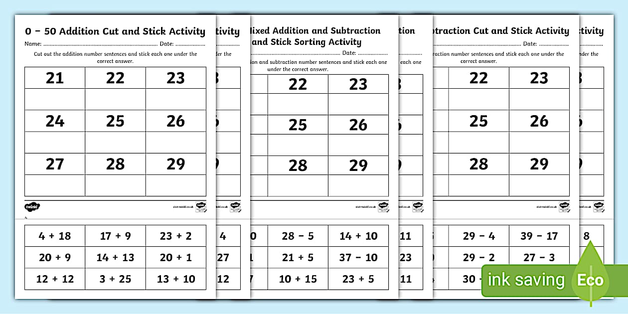 0 - 50 Addition and Subtraction Cut and Stick Activity