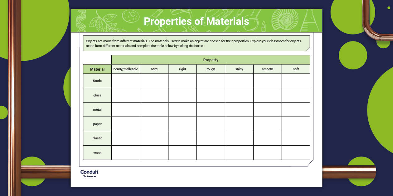Properties of Materials: Checklist Worksheet (teacher made)