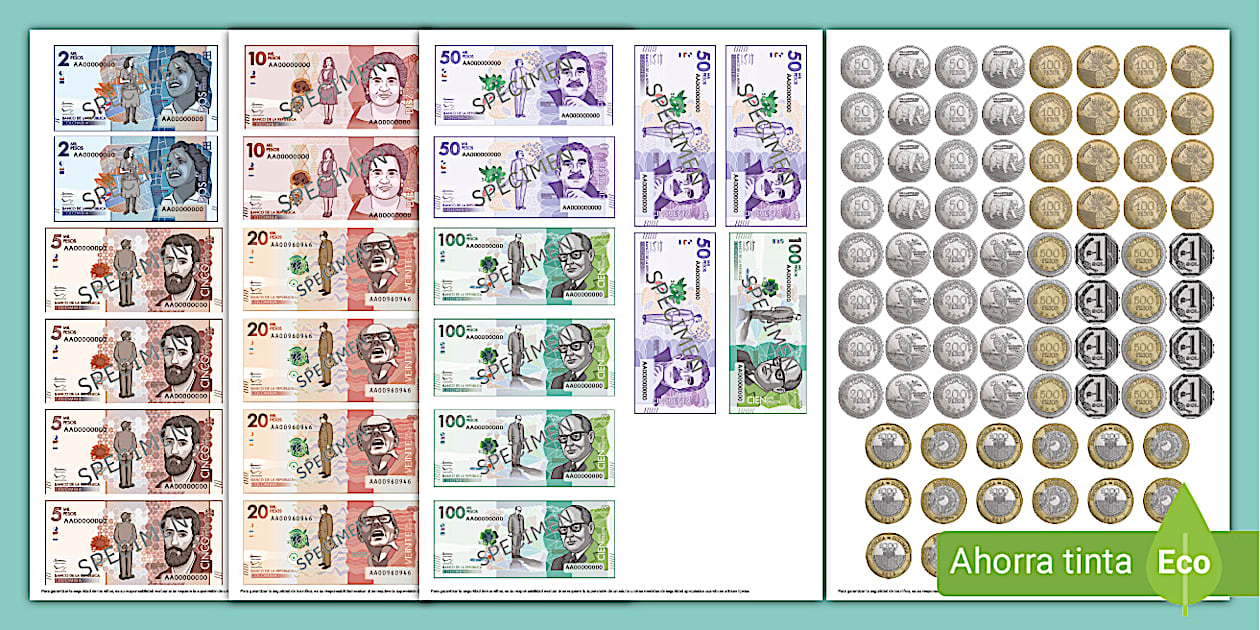 Monedas y billetes colombianos para imprimir (teacher made)