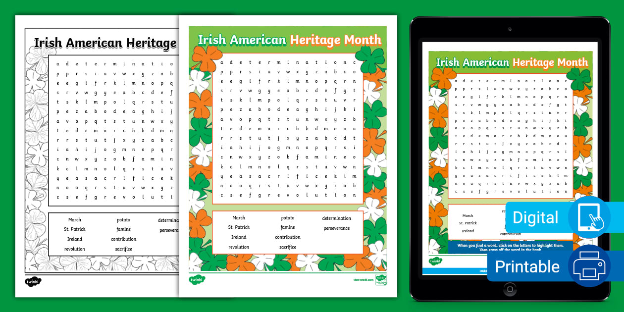 Irish American Heritage Month Word Search for 3rd-5th Grade
