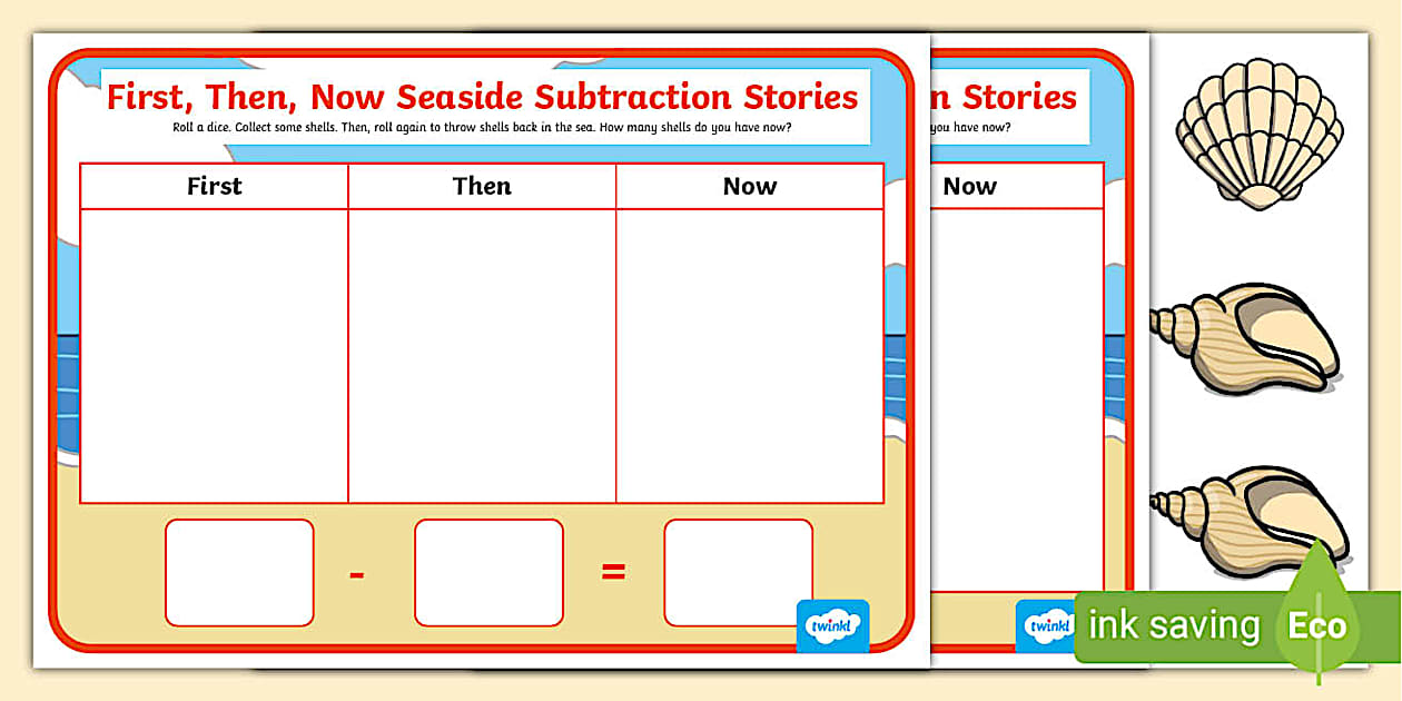 👉 Seaside-Themed First, Then, Now Subtraction Stories Activity