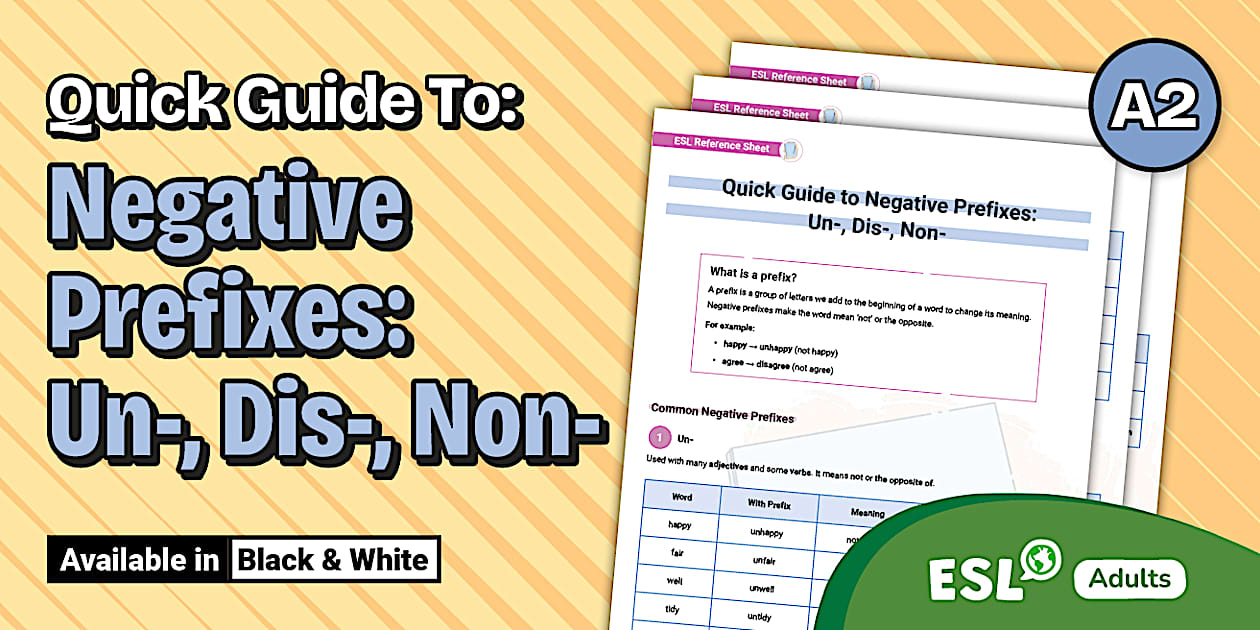 ESL Quick Guide to Negative Prefixes, Perfect for A2 Adults