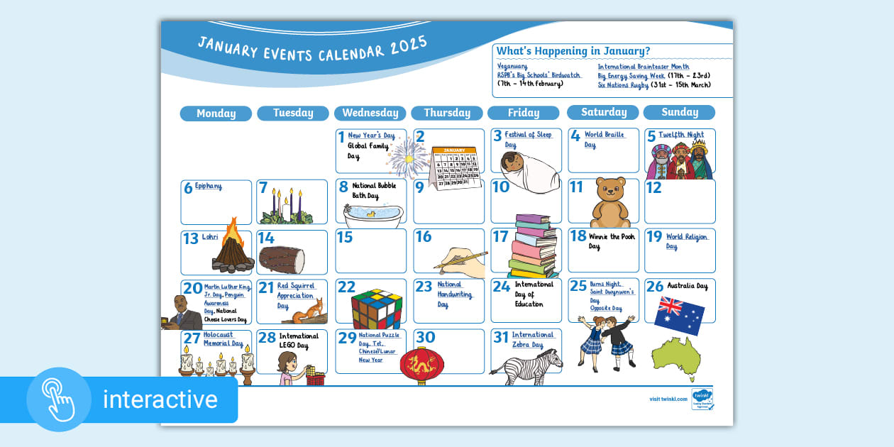 January Events Calendar (2025) (teacher made) - Twinkl