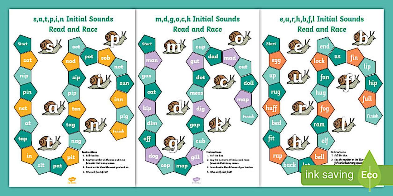 Black and White Phase 2 Initial Sounds Read and Race Game Resource Pack