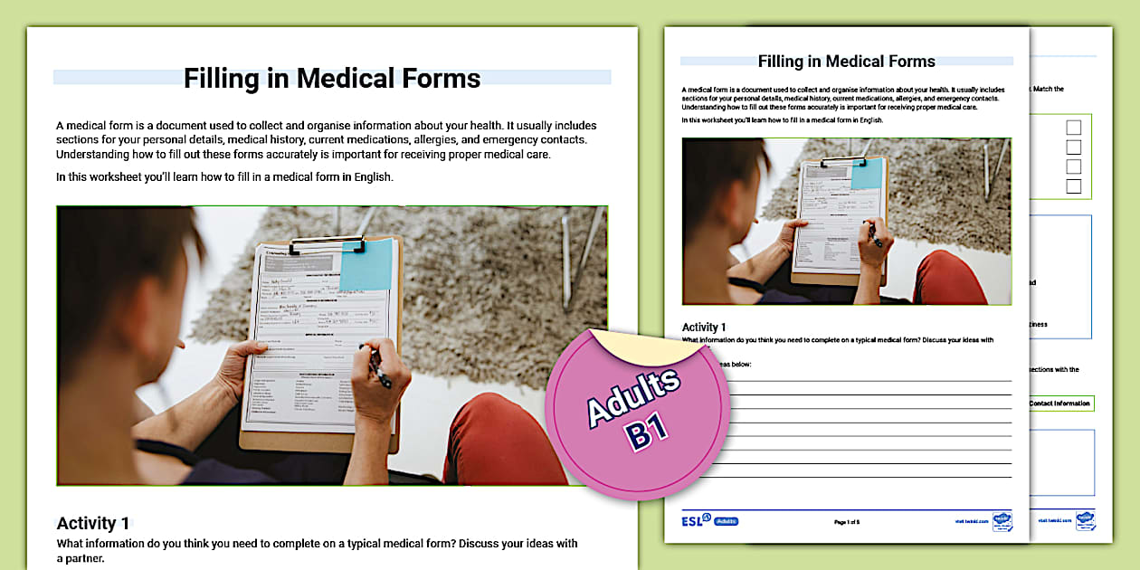ESL Filling In a Medical Form [Adults, B1] (teacher made)