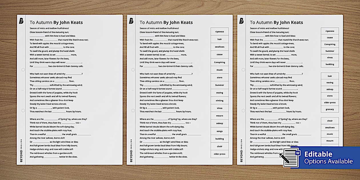 To Autumn By John Keats | Cloze Activity Sheet | Beyond