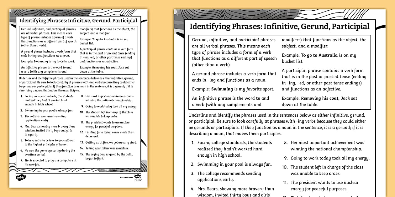 Identifying Types of Phrases Worksheet for 6th-8th Grade