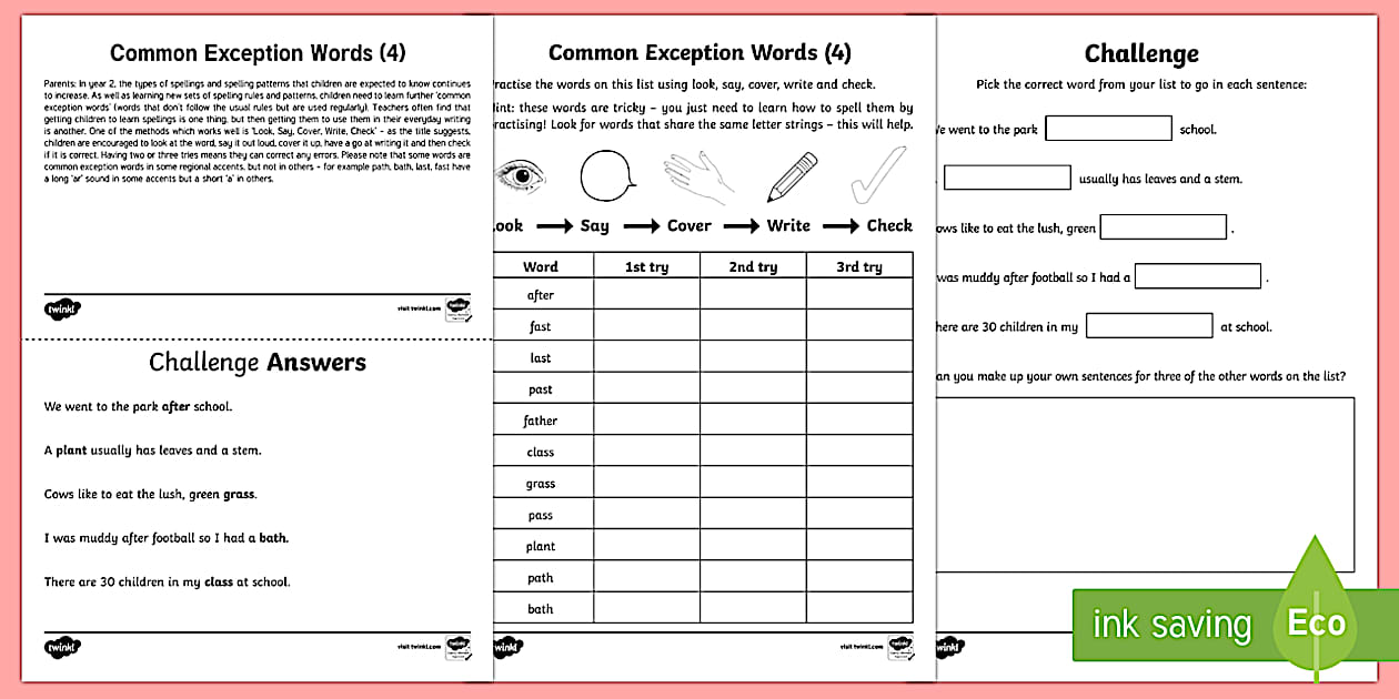 Year 2 Spelling Practice Common Exception Words (4) Worksheet