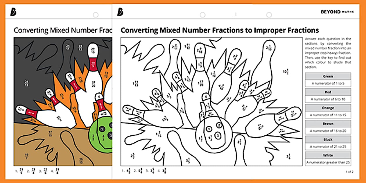 👉 Mixed Number Fractions to Improper Fractions: Colour by Number