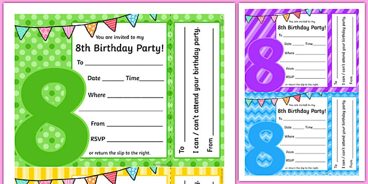 Editable 8th Birthday Party Invitations (teacher made)