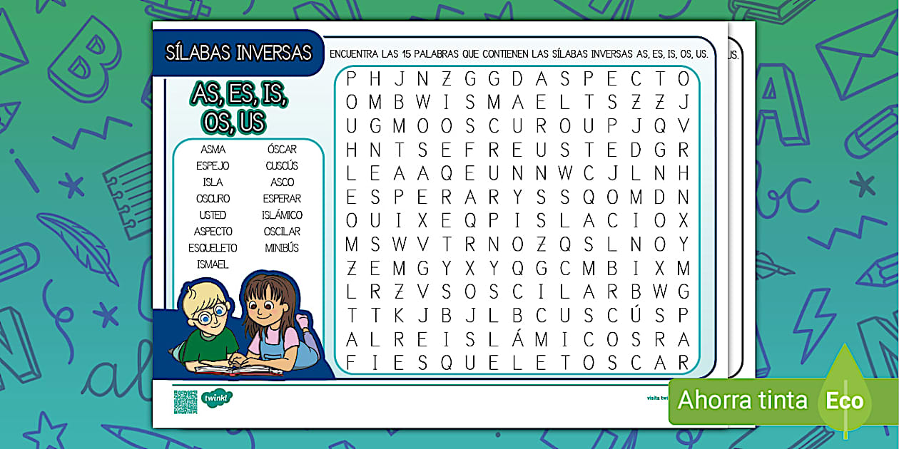 Sopa de letras: Sílabas inversas AS, ES, IS, OS, US