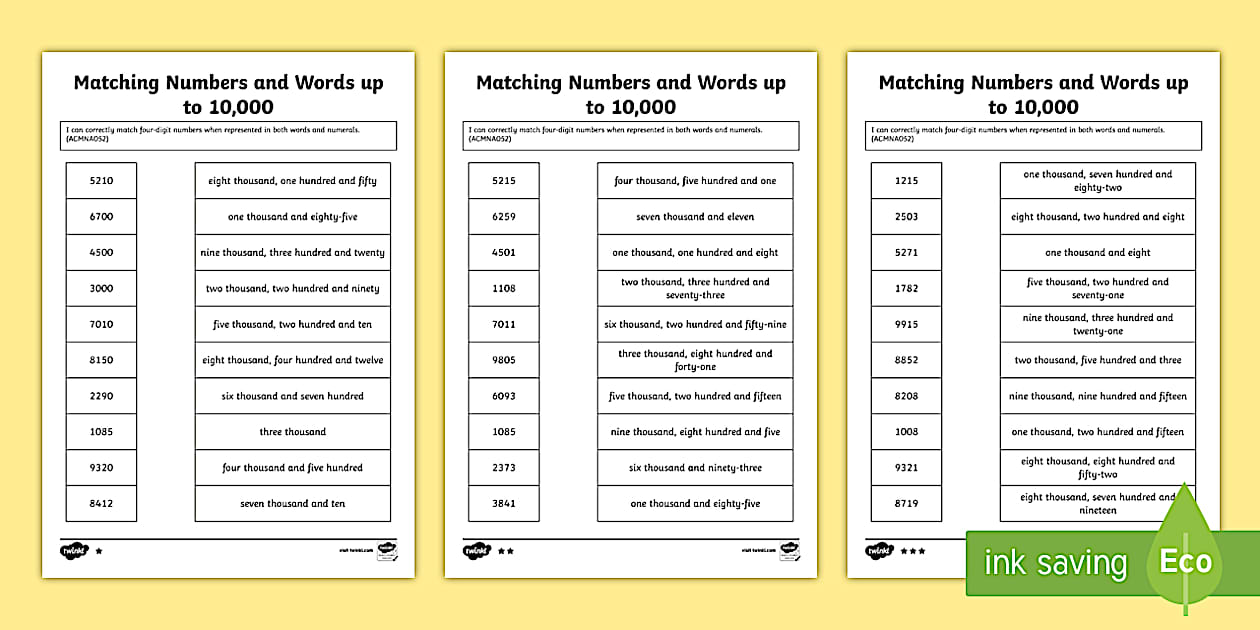 Matching Numbers and Words up to 10,000 Worksheet - Twinkl