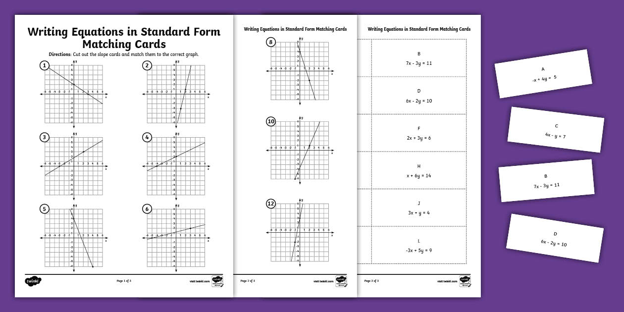 Eighth Gr Writing Equations in Standard Form Matching Cards