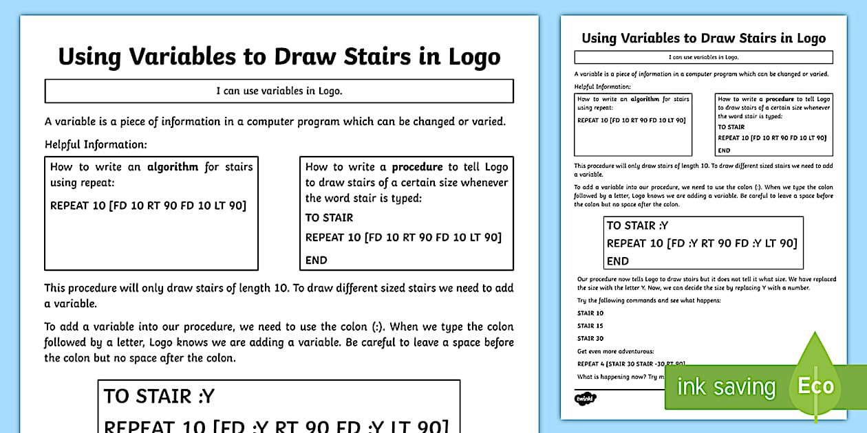 Using Variables to Draw Stairs in Logo Worksheet / Worksheet