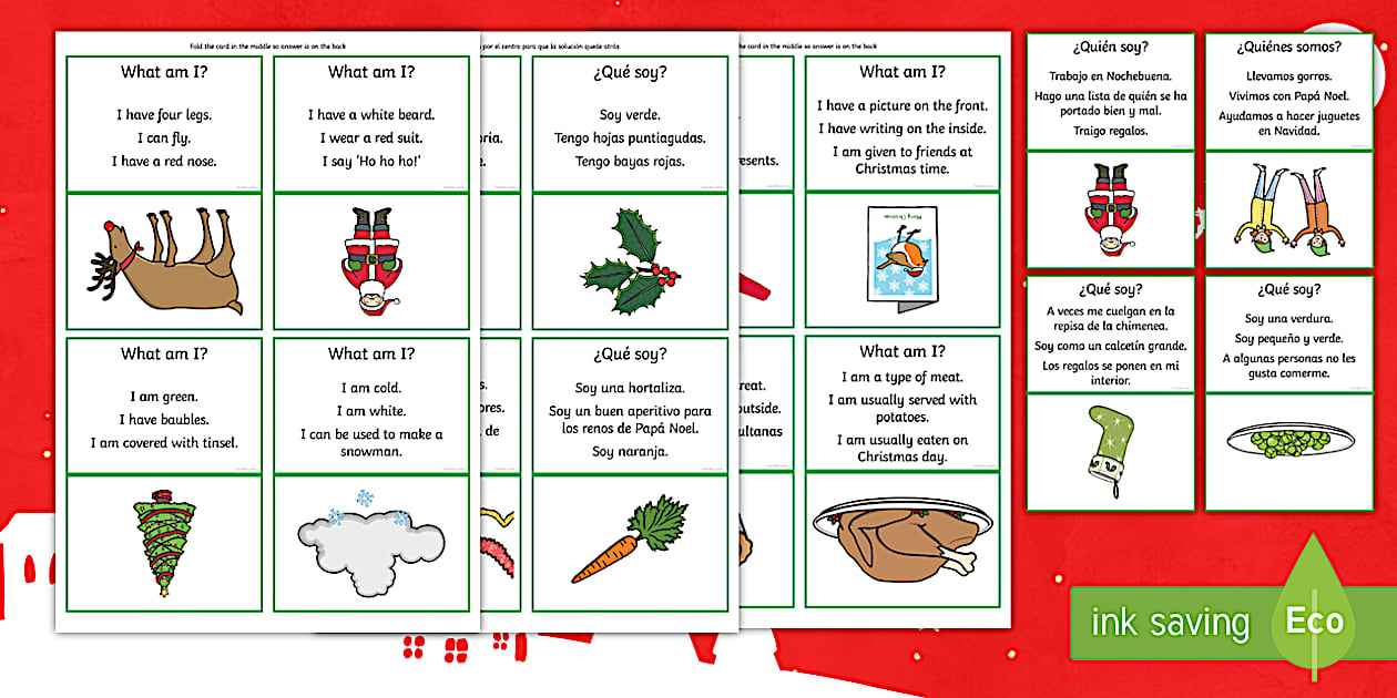 What Am I? Christmas Guessing Game English/Spanish - Twinkl