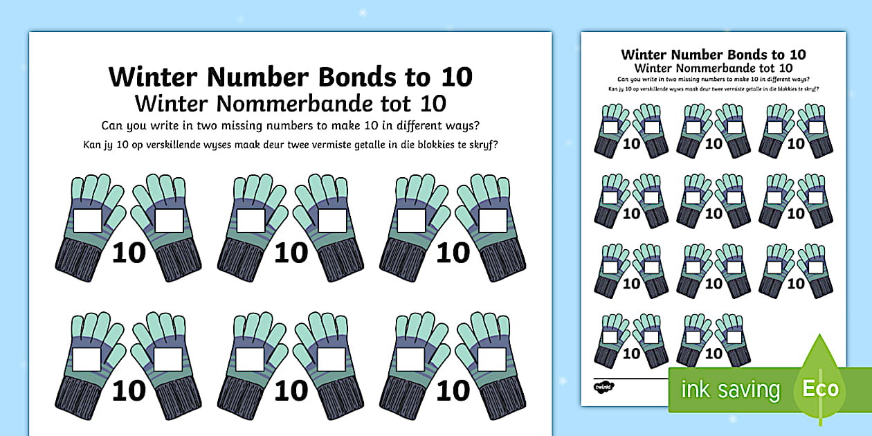 Winter Themed Number Bonds to 10 Worksheet English/Afrikaans