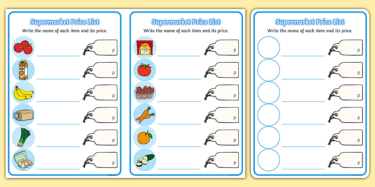 Supermarket Price List Template Writing Activity | Twinkl