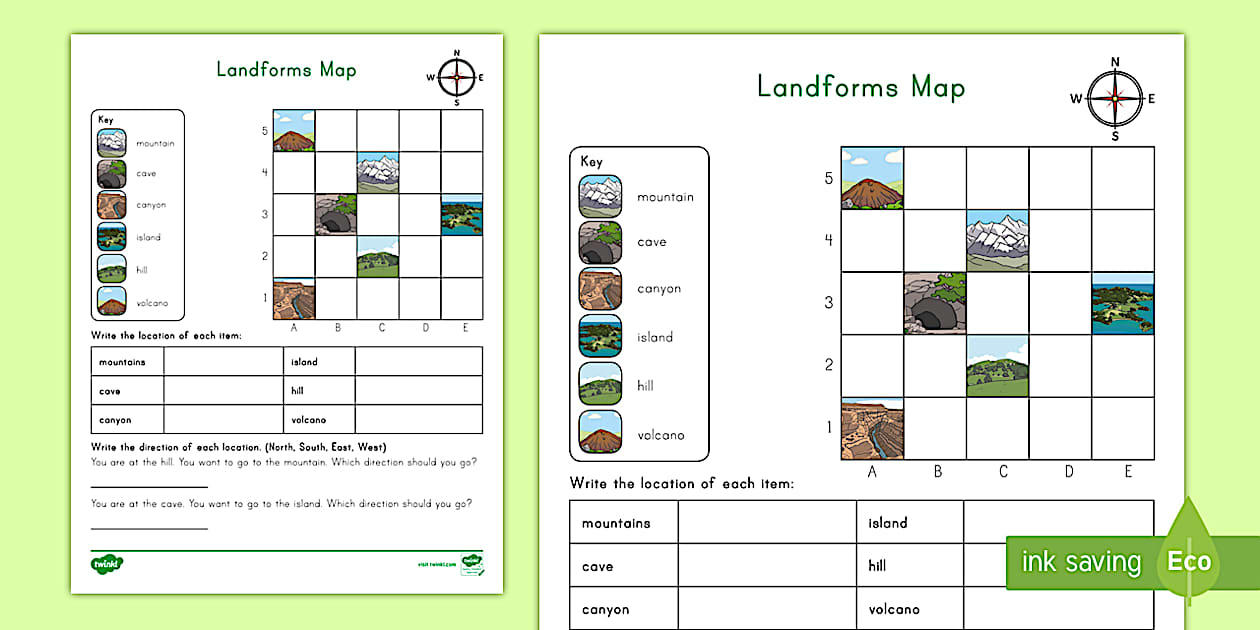 Second Grade Landforms Grid Map Worksheet (teacher made)