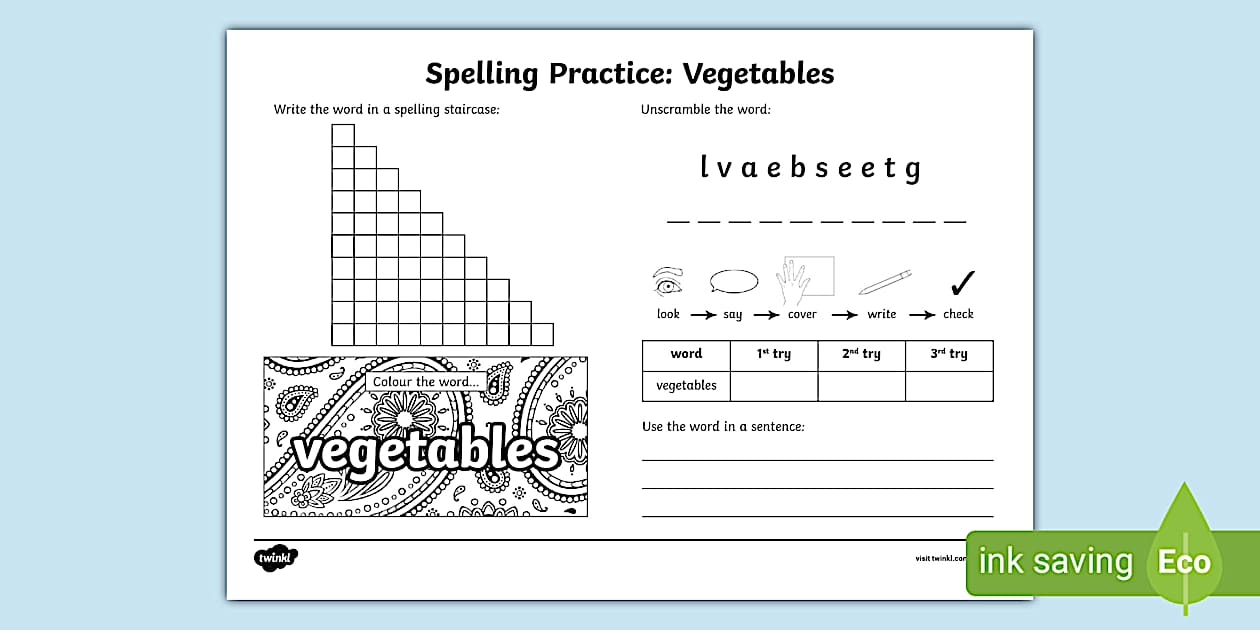 Vegetables Spelling Practice Worksheet (teacher made)