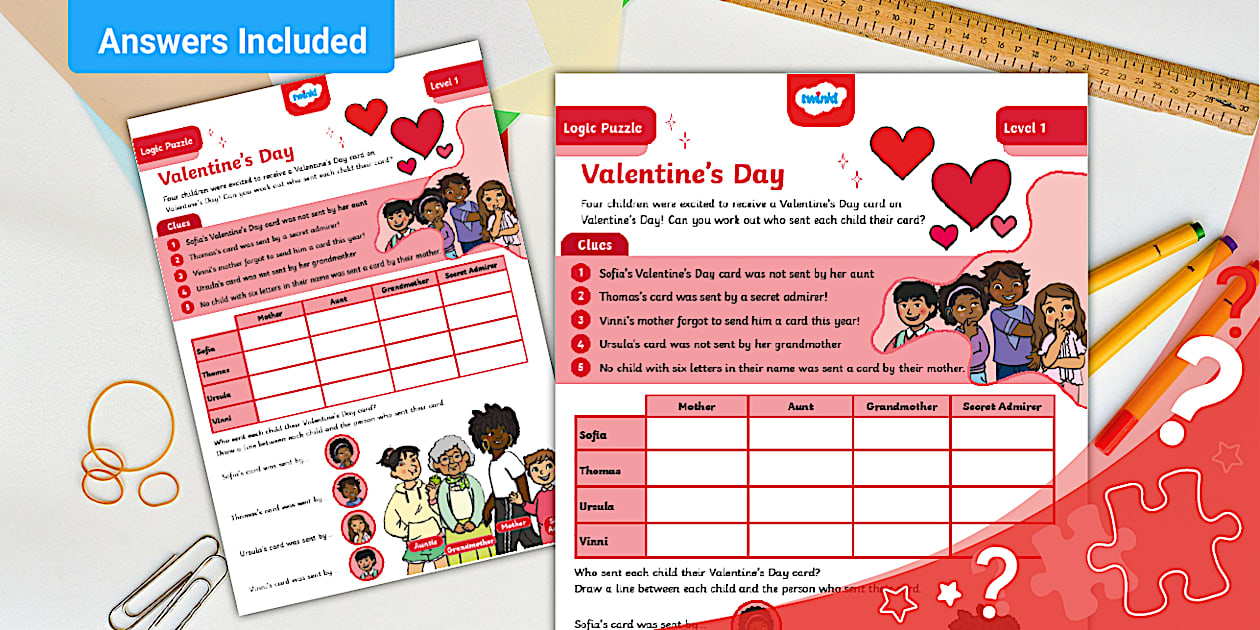 Valentine’s Day Logic Puzzle - Level 1 - Twinkl - Puzzles