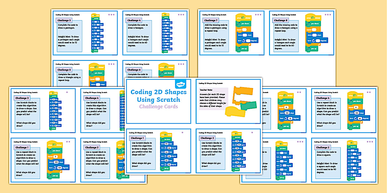 Coding 2D Shapes Using Scratch Challenge Cards - Computing