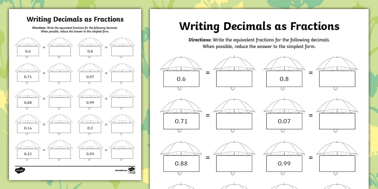 Fourth Grade Writing Decimals as Fractions Spring Worksheet