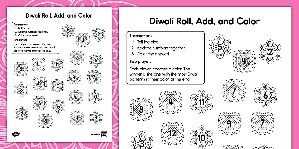 Diwali Roll, Add, and Color Activity - Math Resource - Twinkl