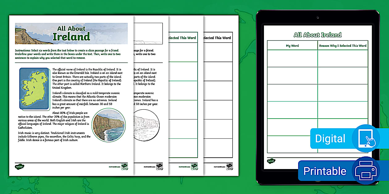 Fourth Grade All About Ireland Reverse Cloze Worksheet