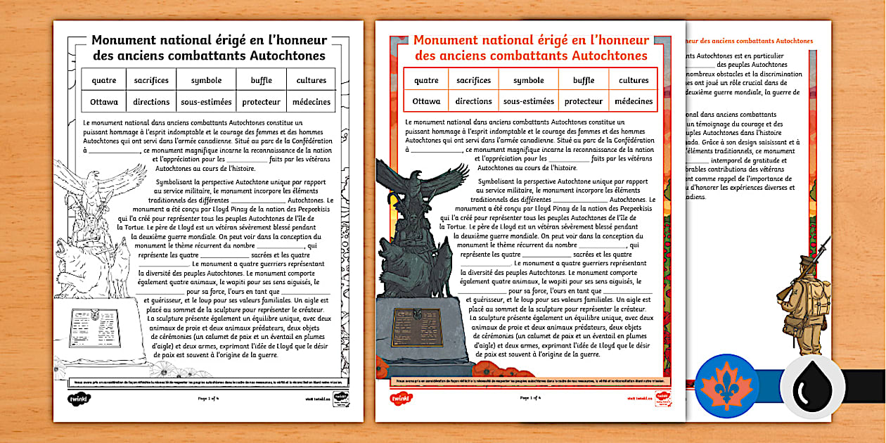 National Monument Indigenous Veterans Cloze French - Twinkl