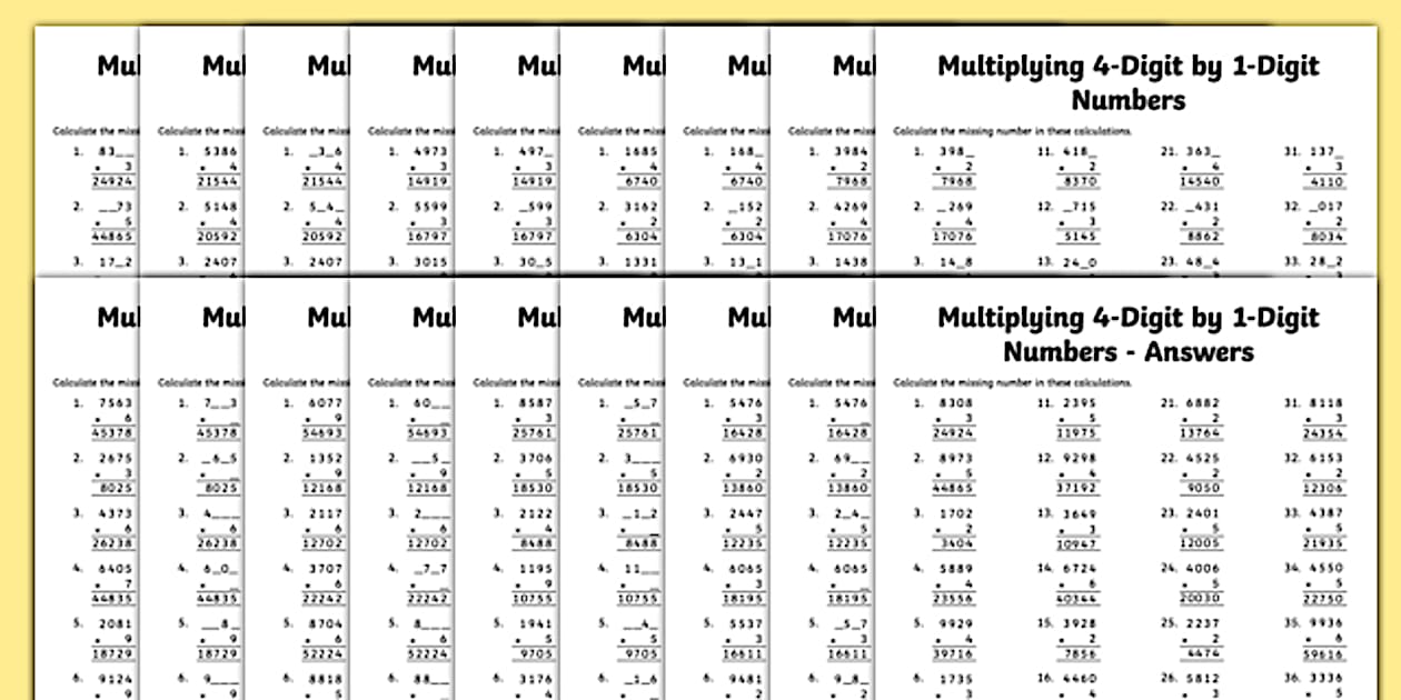 Lower Ability Multiplication 4-Digit x 1-Digit Missing Numbers ...