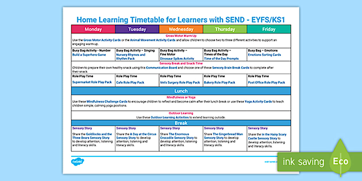 SEND Home Learning Timetable EYFS/KS1 (teacher made)