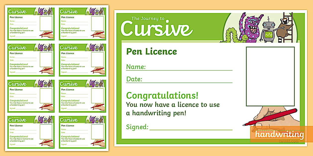 Editable The Journey to Cursive Pen Licence Cards - Twinkl