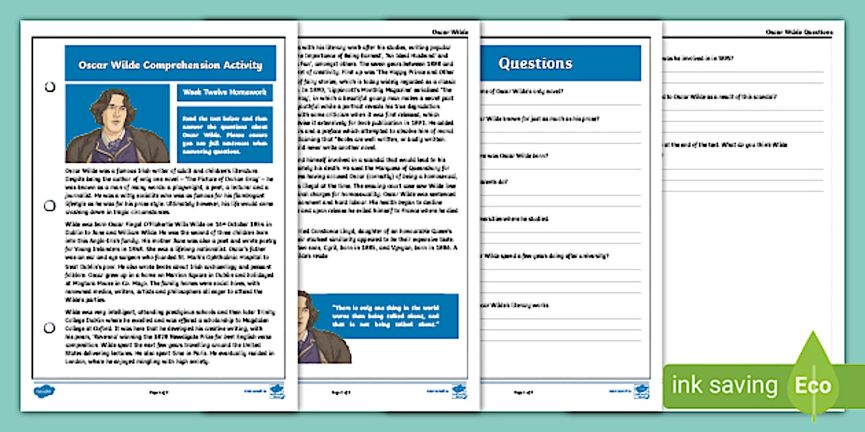 Oscar Wilde Comprehension Activity Week Twelve Homework