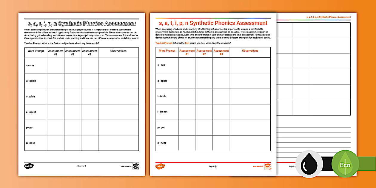 Phonics Assessment Canada: Group 1 (s, a, t, i, p, n) Form