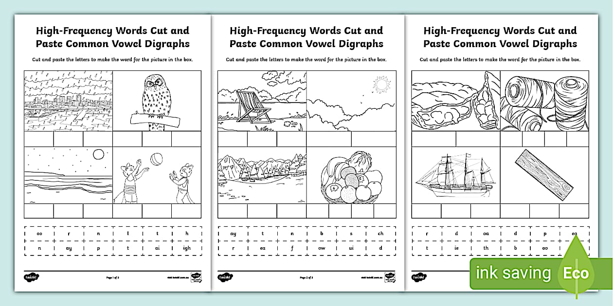 HFW Cut and Paste Worksheets Common Vowel Digraphs - Twinkl