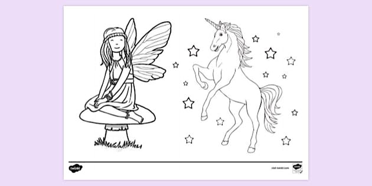 Fairy and Unicorn Colouring Page for Children (teacher made)