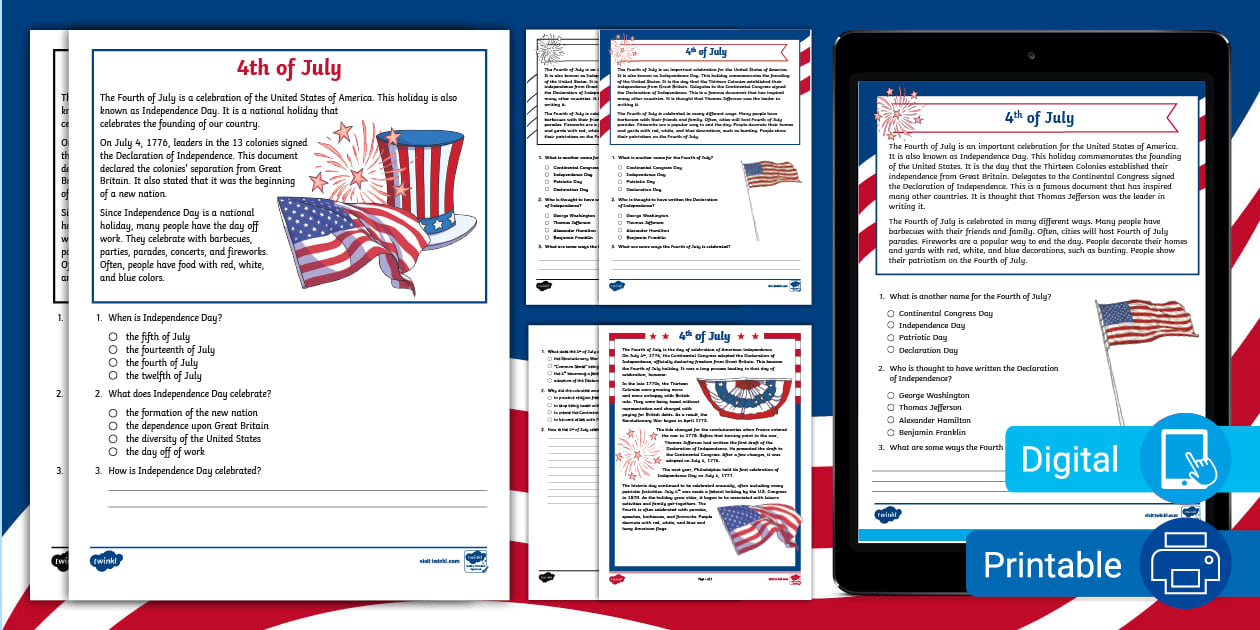4th of July Reading Passage Comprehension Worksheets
