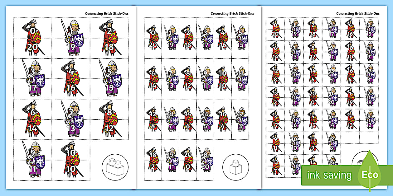 Editable Knight-Themed Number Bonds of 20 Matching Connecting Bricks Game