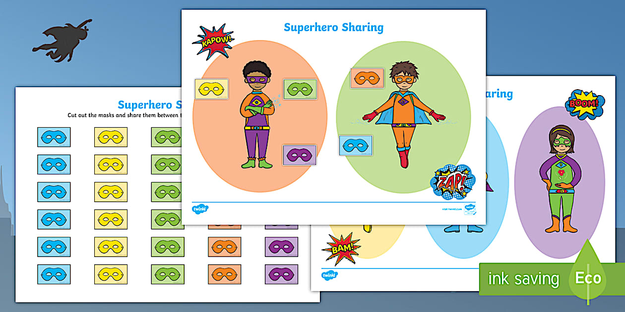 Cursive Superhero Sharing Cut and Stick Worksheet - Twinkl