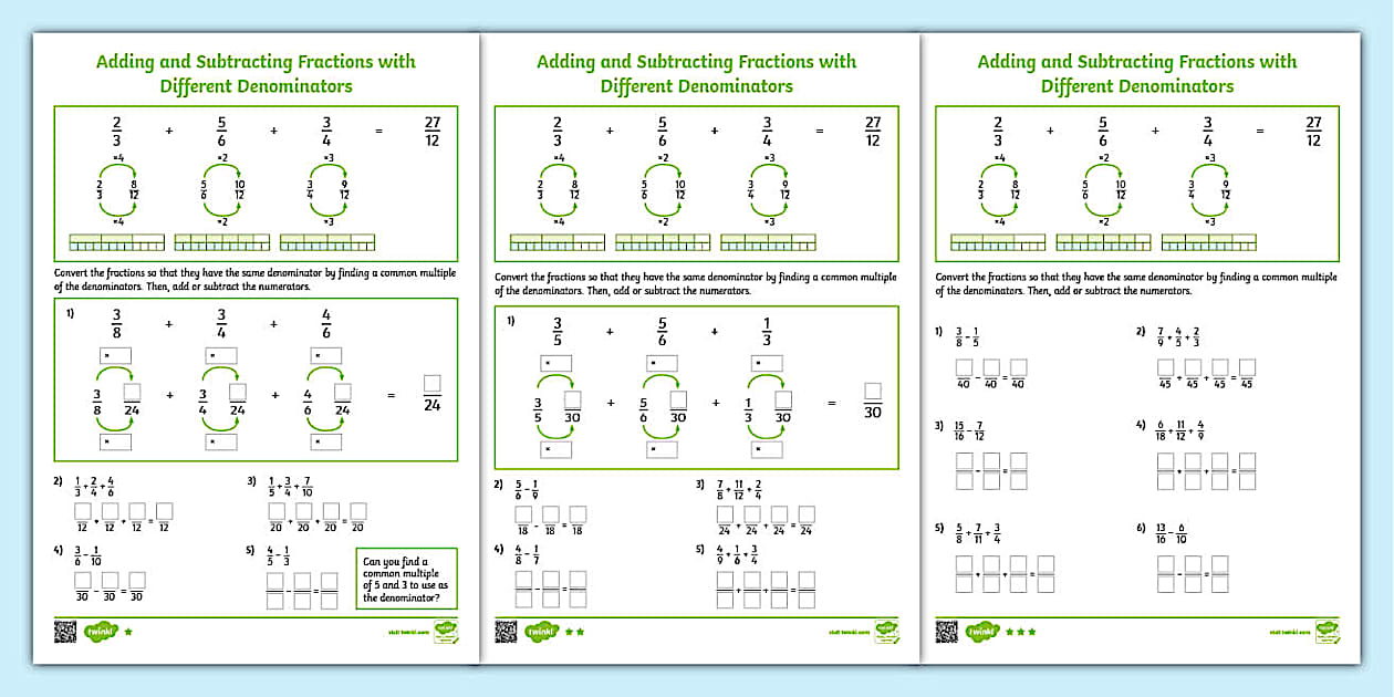 Year 6 Adding and Subtracting Unlike Fractions Worksheets