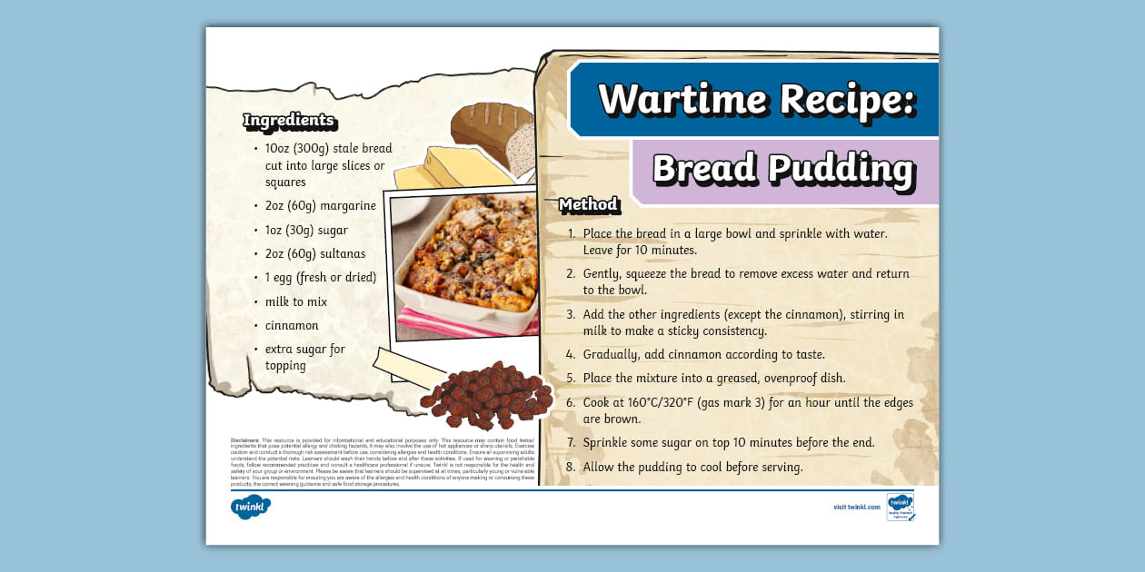 Wartime Recipe: Bread Pudding - Twinkl - KS2